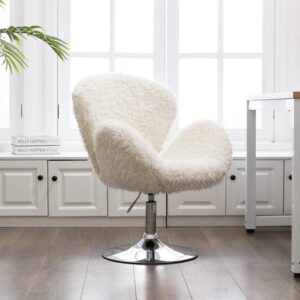 H&Y Hi&Yeah Comfy Faux Fur Cute Desk Chair no Wheels, Swivel Height Adjustable Home Office Chair, Accent Chairs for Living Room, Bedroom, Vanity Chair, Faux Lamb Fur, Ivory