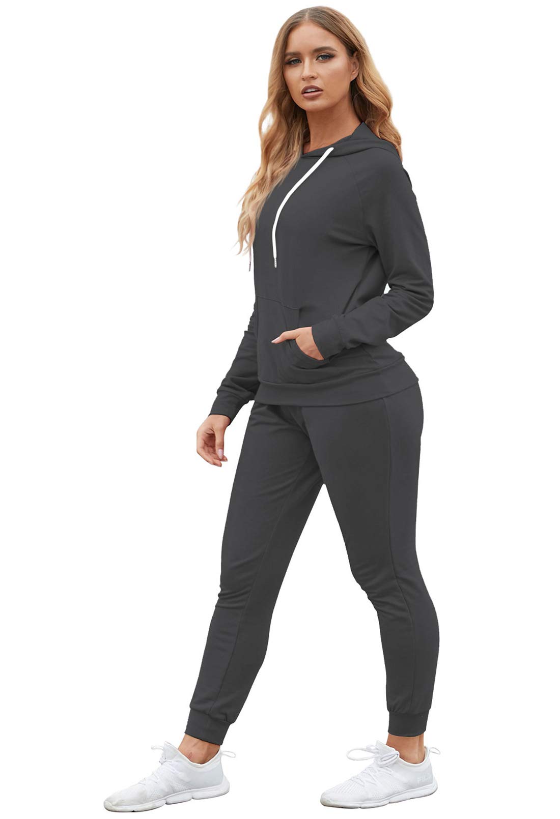 Fixmatti Women 2 Piece Outfits Long Sleeve Pullover Hoodie Jogger Pant Sweatsuit Set Dark Grey L