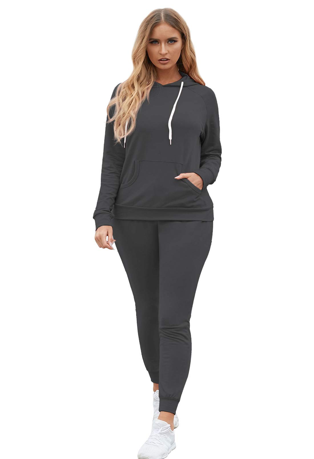 Fixmatti Women 2 Piece Outfits Long Sleeve Pullover Hoodie Jogger Pant Sweatsuit Set Dark Grey L