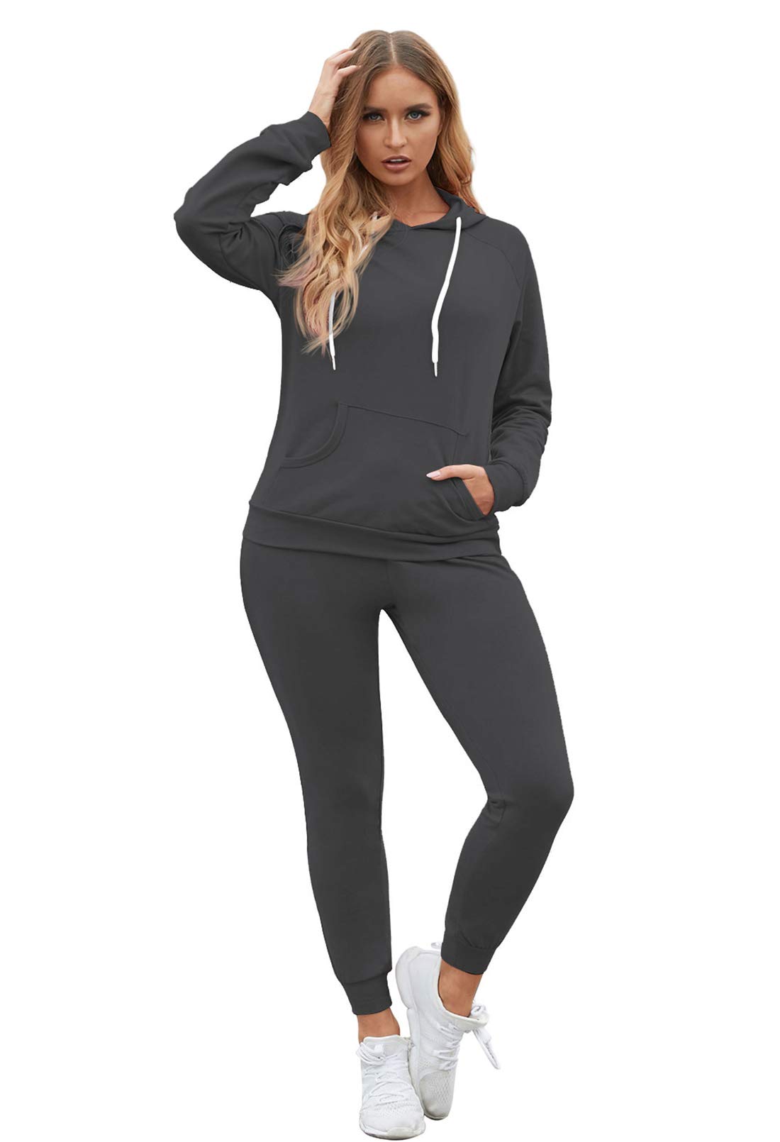 Fixmatti Women 2 Piece Outfits Long Sleeve Pullover Hoodie Jogger Pant Sweatsuit Set Dark Grey L