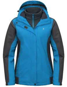 little donkey andy women's 3 in 1 winter ski jacket warm fleece liner jacket waterproof windproof snow coat & detachable hood blue/grey m