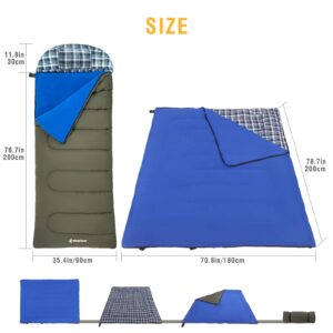 KingCamp 3-in-1 Rectangle Flannel Sleeping Bag Oversize 90.5”×35.4” 3-4 Season 100% Cotton Sleeping Bags with Washable Liner, Pillow and Portable Handbag for Camping