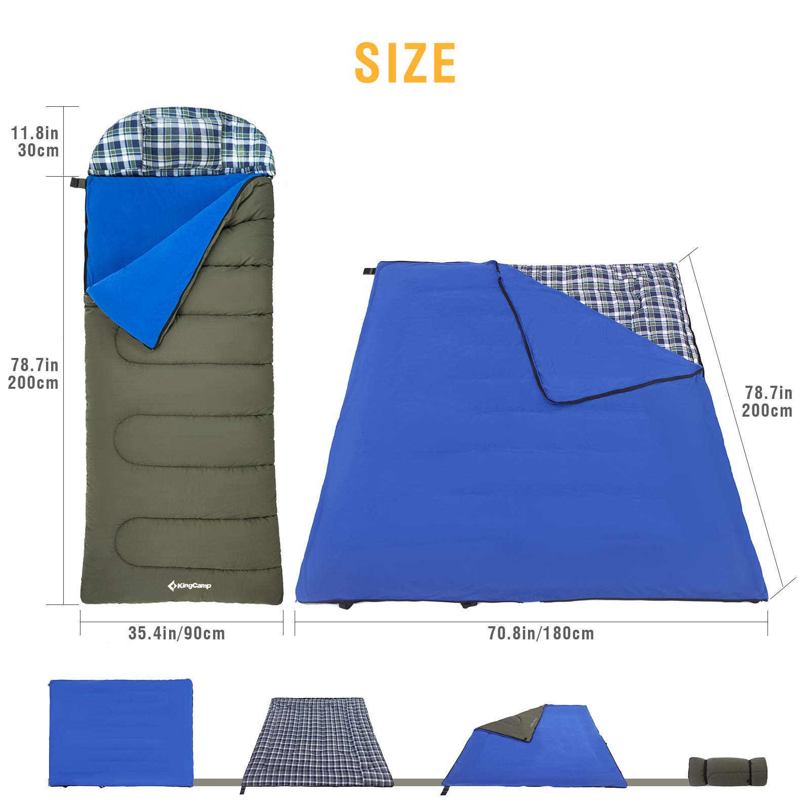 KingCamp 3-in-1 Rectangle Flannel Sleeping Bag Oversize 90.5”×35.4” 3-4 Season 100% Cotton Sleeping Bags with Washable Liner, Pillow and Portable Handbag for Camping