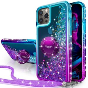 silverback for iphone 12 pro max case, moving liquid holographic glitter case with kickstand, girls women bling diamond ring protective case for apple iphone 12 pro max 6.7", purple