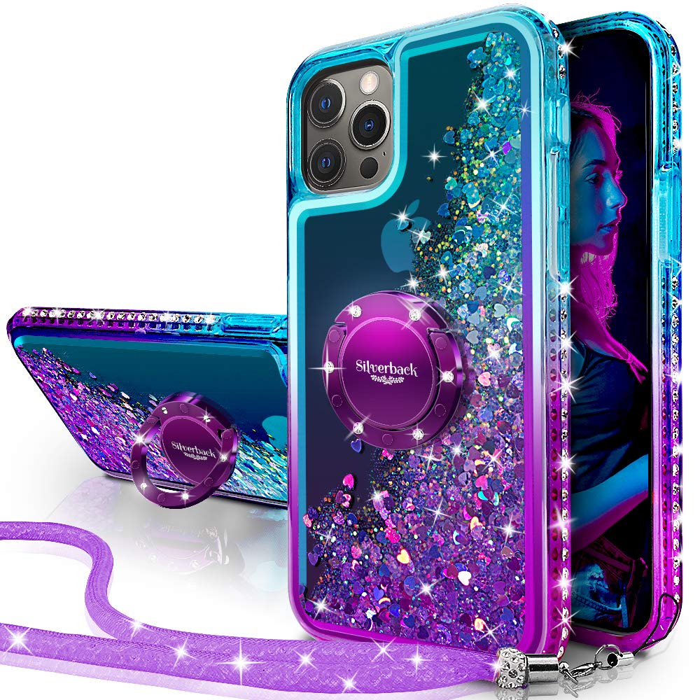 Silverback for iPhone 12 Pro Max Case, Moving Liquid Holographic Glitter Case with Kickstand, Girls Women Bling Diamond Ring Protective Case for Apple iPhone 12 Pro Max 6.7", Purple