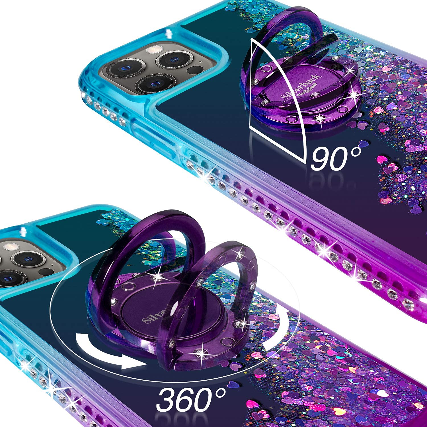 Silverback for iPhone 12 Pro Max Case, Moving Liquid Holographic Glitter Case with Kickstand, Girls Women Bling Diamond Ring Protective Case for Apple iPhone 12 Pro Max 6.7", Purple