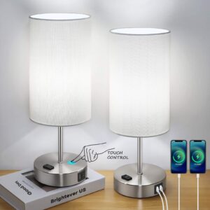 set of 2 touch control table lamps with 2 usb charging ports&ac outlet, 3-way dimmable bedside nightstand lamps with white fabric lampshade for reading, bedroom, living room, a19 led bulbs included