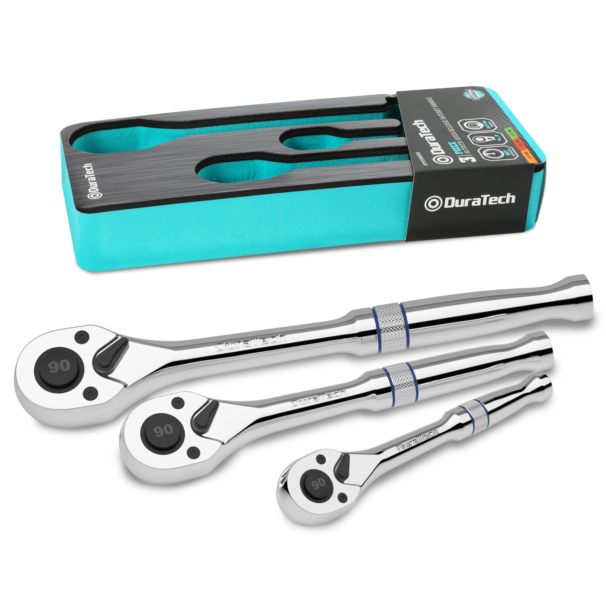 DURATECH 3-Piece Drive Ratchet, 1/4", 3/8", 1/2" 90-Tooth Quick-release Ratchet Wrench, Reversible, Chrome Alloy Made, Full Polished, Gifts for Men Gifts for Women Gifts for Dad