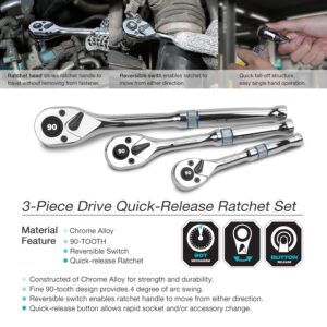 DURATECH 3-Piece Drive Ratchet, 1/4", 3/8", 1/2" 90-Tooth Quick-release Ratchet Wrench, Reversible, Chrome Alloy Made, Full Polished, Gifts for Men Gifts for Women Gifts for Dad