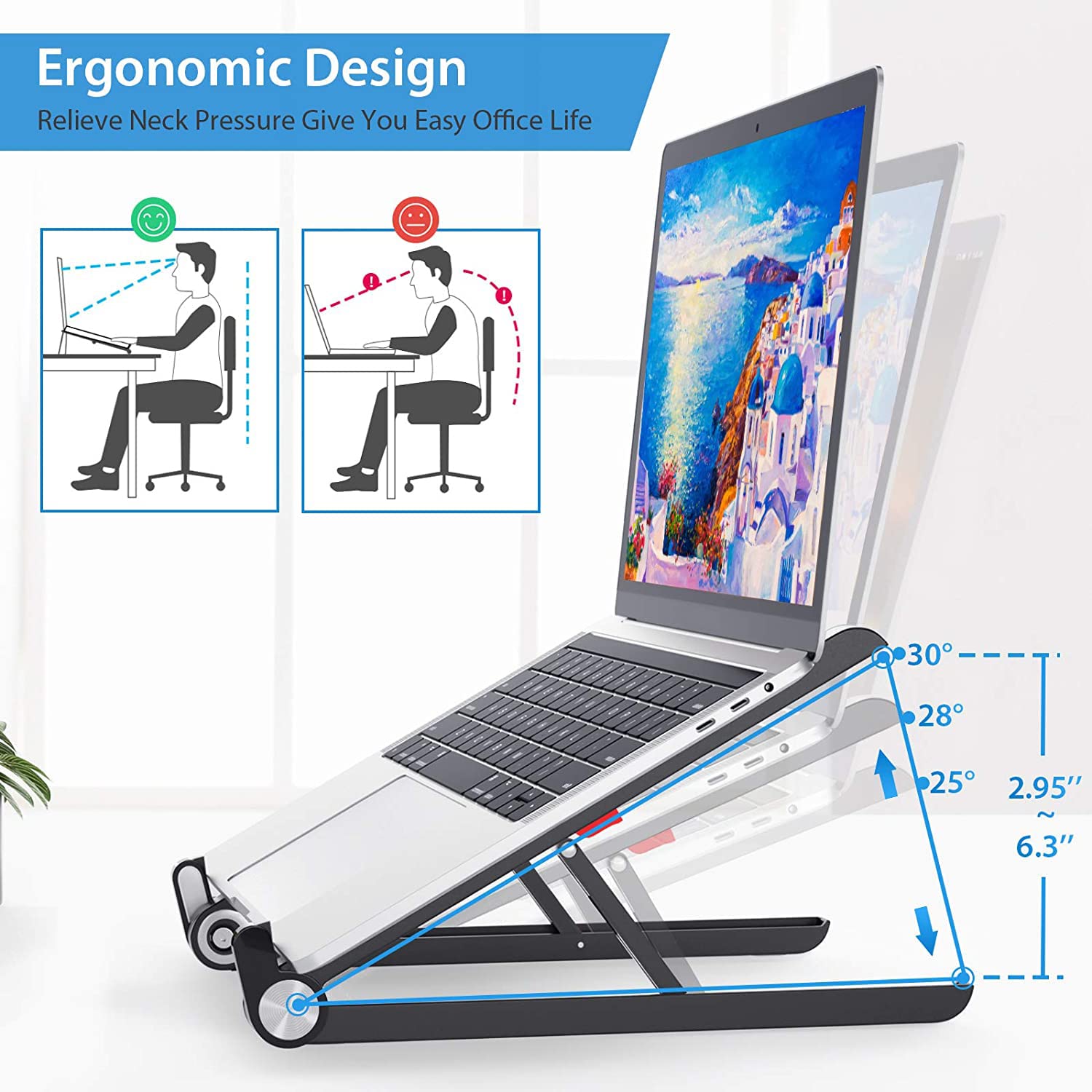 FURNINXS Laptop Stand for Desk Adjustable Foldable Ergonomic Laptop Holder Riser Portable Aluminum Computer Notebook Stand for Elevated 10~15.6" Dell, HP, MacBook Air Pro, Lenovo, Chromebook