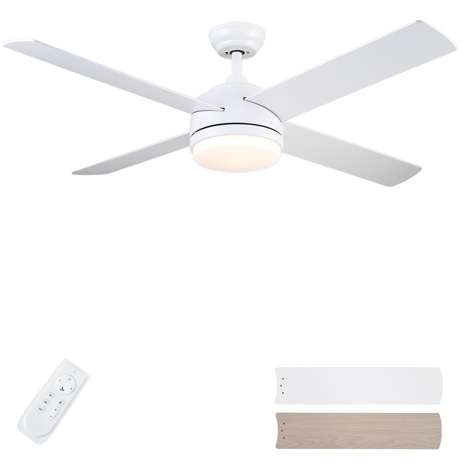 CJOY Ceiling Fans with Lights, 52 inch Ceiling Fan with Light and Remote, LED Dimmable, Modern Ceiling Fan Reversible Two-color 4 Blades, 3 Speeds Quiet, Outdoor Ceiling Fan for Patios/Bedroom Indoor