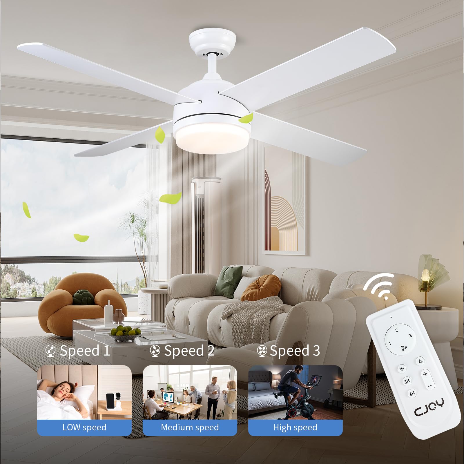 CJOY Ceiling Fans with Lights, 52 inch Ceiling Fan with Light and Remote, LED Dimmable, Modern Ceiling Fan Reversible Two-color 4 Blades, 3 Speeds Quiet, Outdoor Ceiling Fan for Patios/Bedroom Indoor