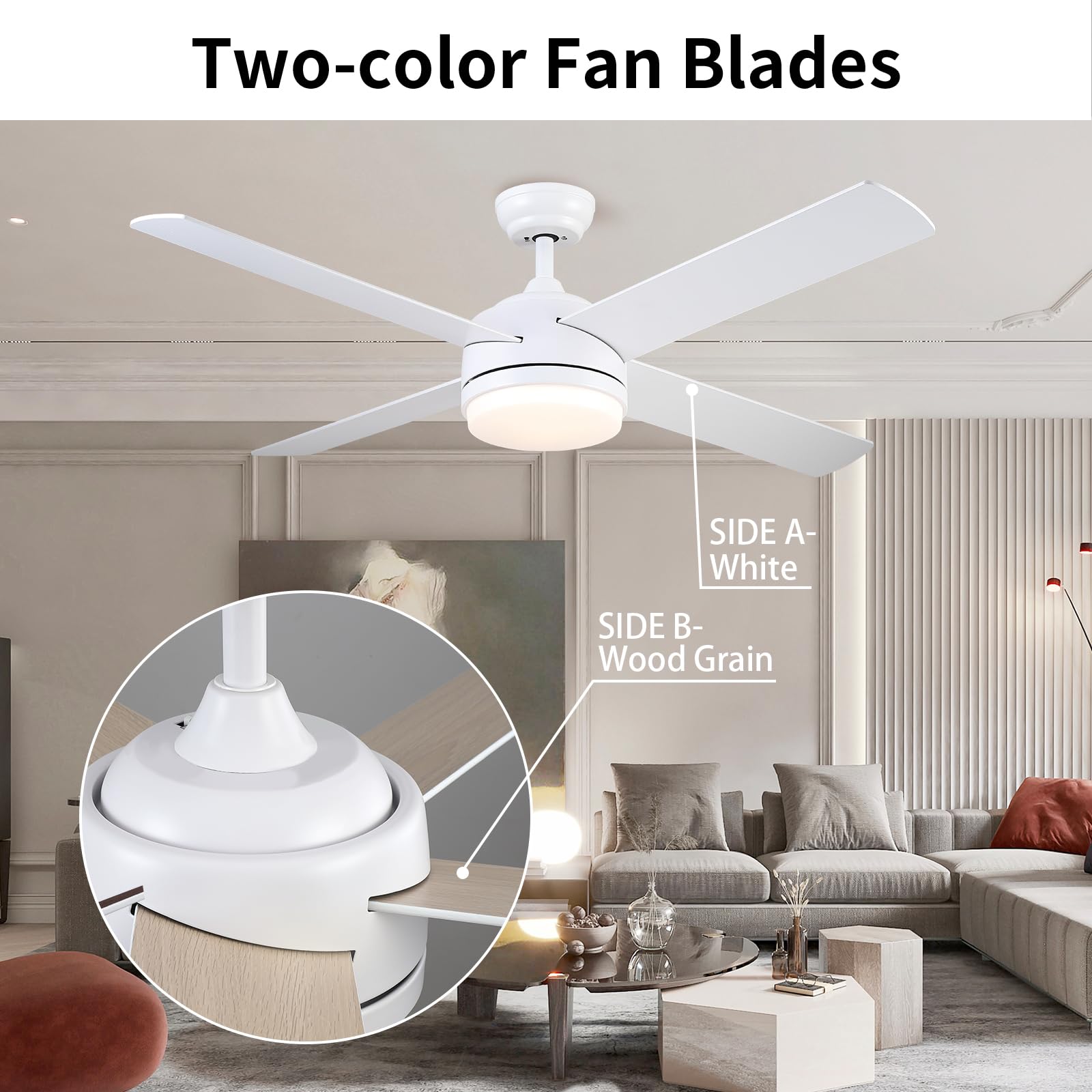 CJOY Ceiling Fans with Lights, 52 inch Ceiling Fan with Light and Remote, LED Dimmable, Modern Ceiling Fan Reversible Two-color 4 Blades, 3 Speeds Quiet, Outdoor Ceiling Fan for Patios/Bedroom Indoor