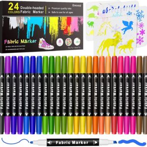 Emooqi Fabric Markers Pen, 24 Colors Fabric Paint Art Marker Set Double-Ended Fabric Markers with Chisel Point and Fine Point Tips, Child Safe & Non-Toxic