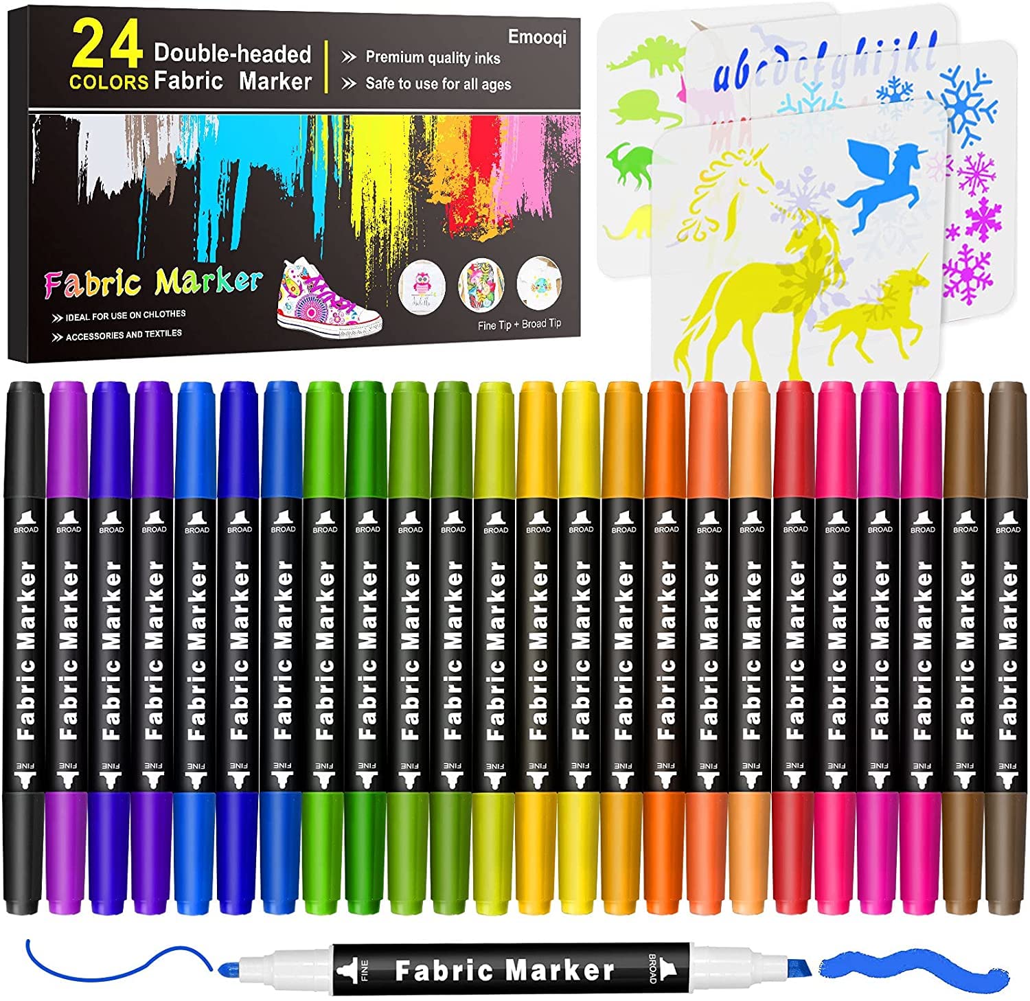 Emooqi Fabric Markers Pen, 24 Colors Fabric Paint Art Marker Set Double-Ended Fabric Markers with Chisel Point and Fine Point Tips, Child Safe & Non-Toxic