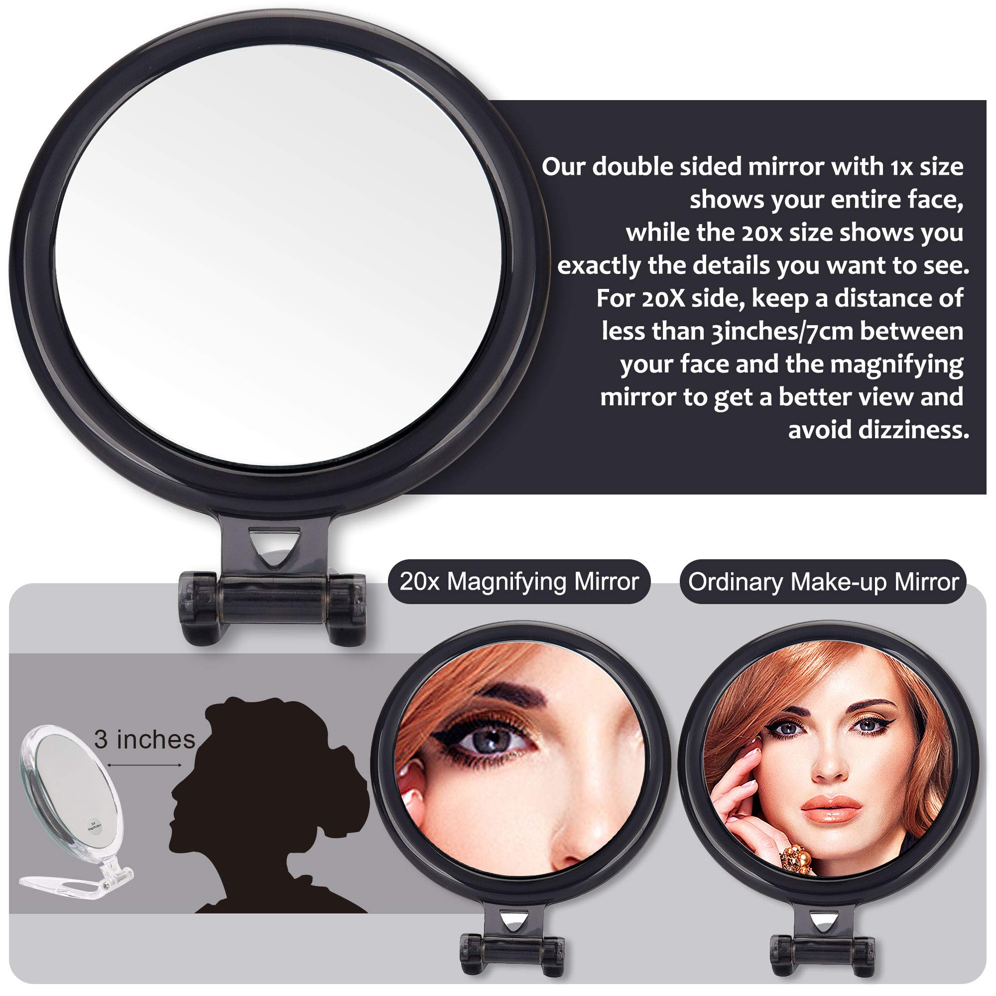 MOMOKUBA Magnifying Mirror 20x/1x,Double Sided Magnifying Mirror with Stand,Magnified Hand Mirror for Makeup,Blackhead/Comedone Removal (5inch,20X/1X,Silver)