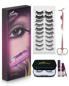 bisutang magnetic eyelashes with eyeliner, 12-pair reusable magnetic lashes with 2 tubes of magnetic eyeliner, glue-free natural look eye lashes kit with scissors tweezers & mirror case