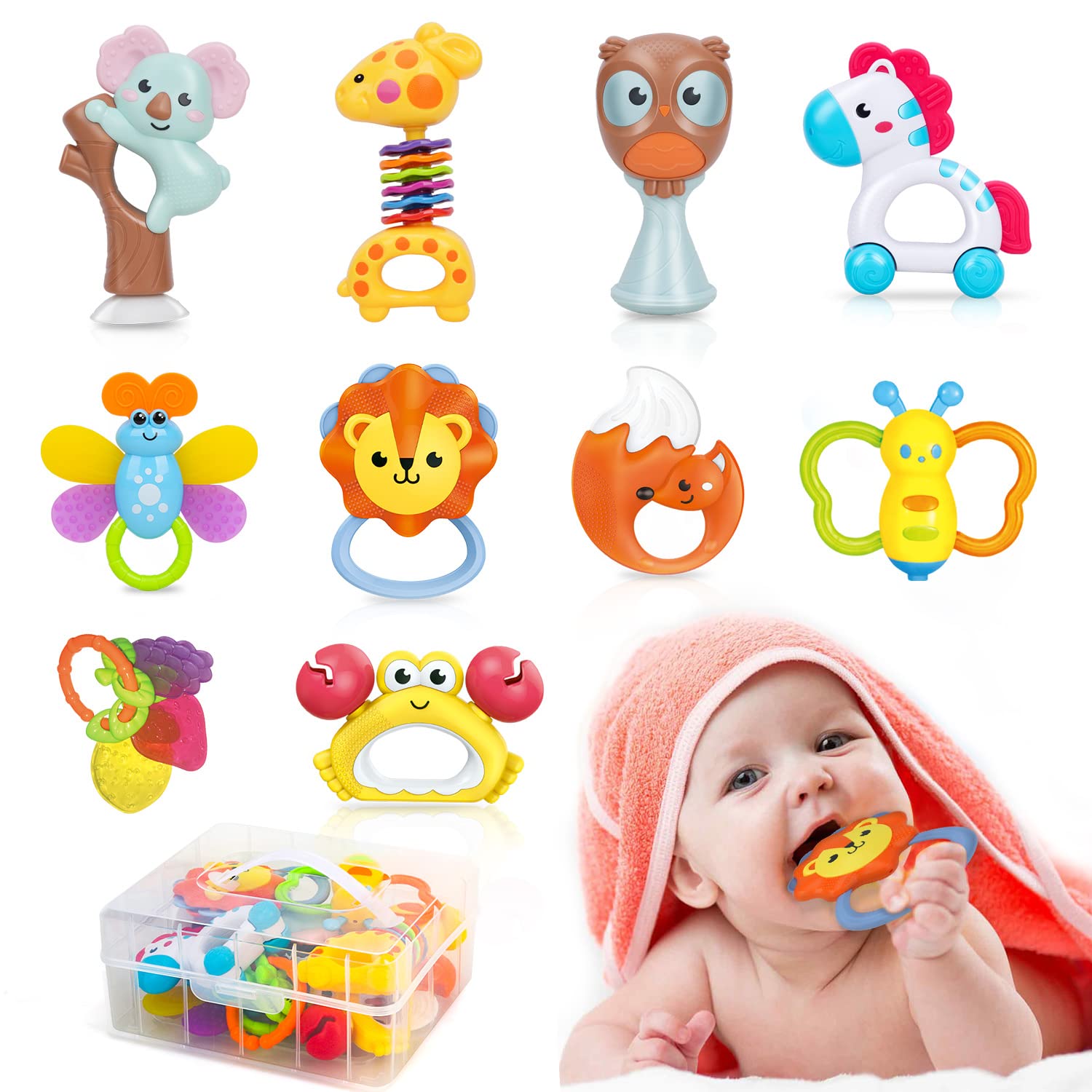 TOY Life 10PCS Baby Rattles Teether Rattles Toys - Rattle Teething Toys for Babies- Grab Shaker and Spin Rattle - Baby Chew Toys for 0 3 6 9 12 Month Newborn Infant Baby…