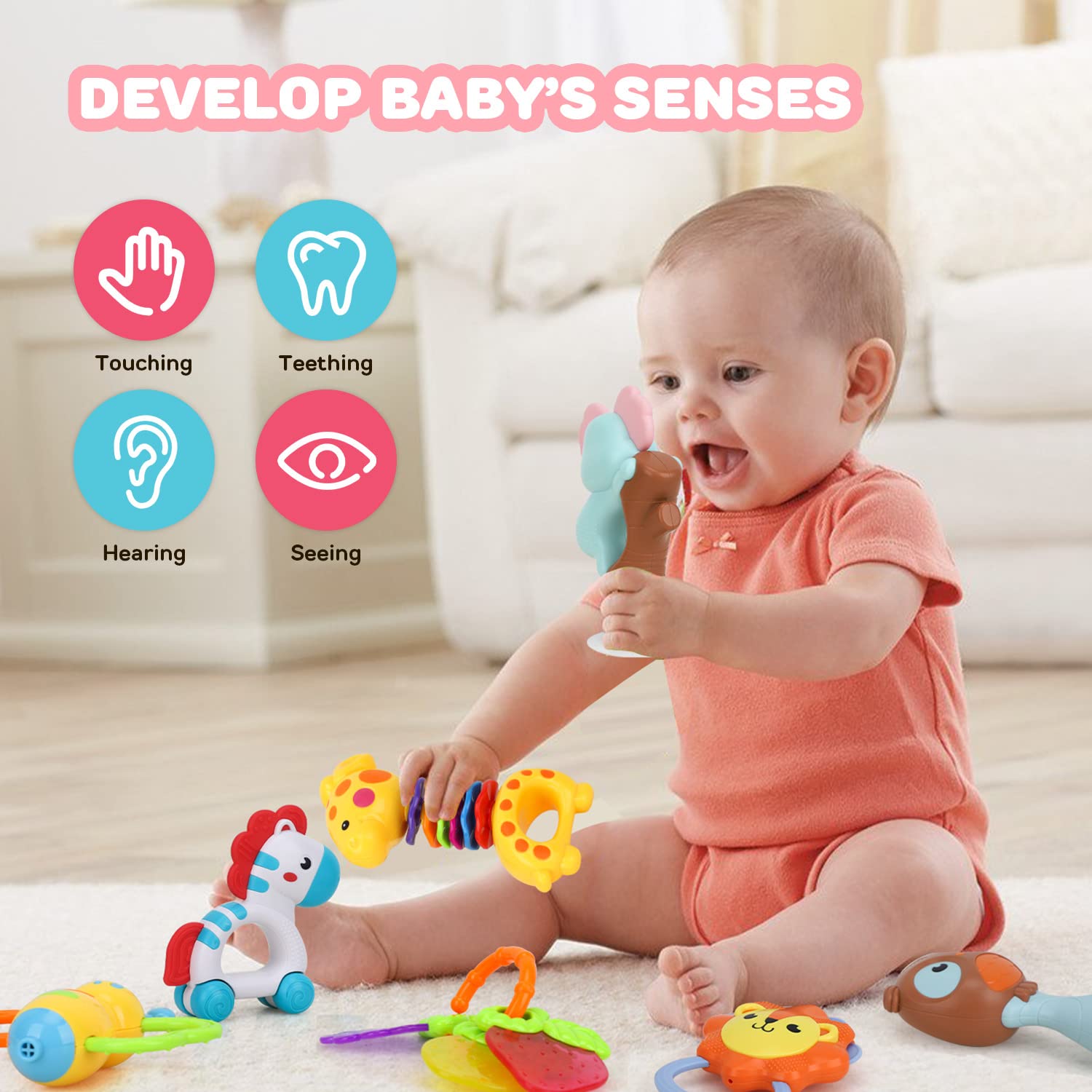 TOY Life 10PCS Baby Rattles Teether Rattles Toys - Rattle Teething Toys for Babies- Grab Shaker and Spin Rattle - Baby Chew Toys for 0 3 6 9 12 Month Newborn Infant Baby…