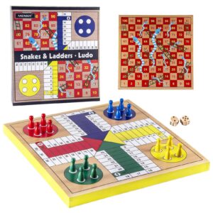 amerous 12 inches wooden ludo board game - snakes and ladders, 2 in 1 reversible, 1-4 players family dice games set for kids, adults, classics tabletop version (gift box packed)