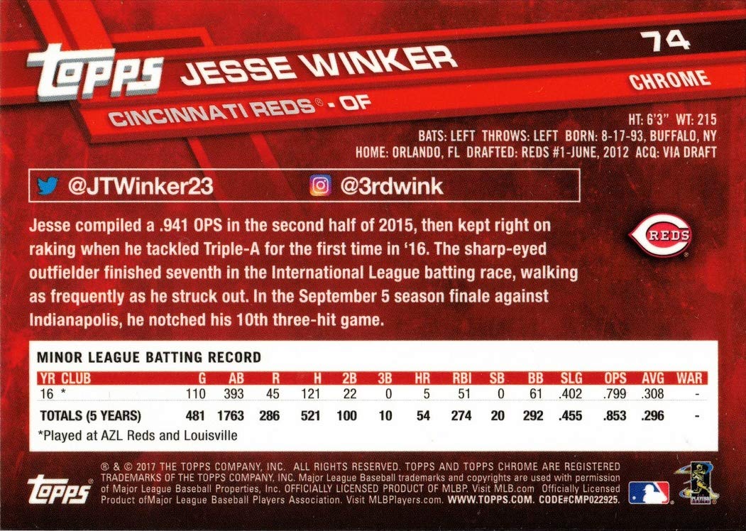 2017 Topps Chrome Baseball #74 Jesse Winker Rookie Card