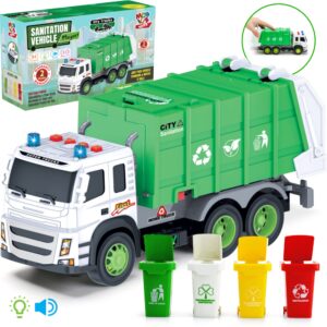 mobius toys garbage truck friction-powered – 1:12 scale large size truck w/sounds, lights, loader, 4 trash cans for learning waste management recycling toy for toddlers, boys, girls 3 4 5 years old