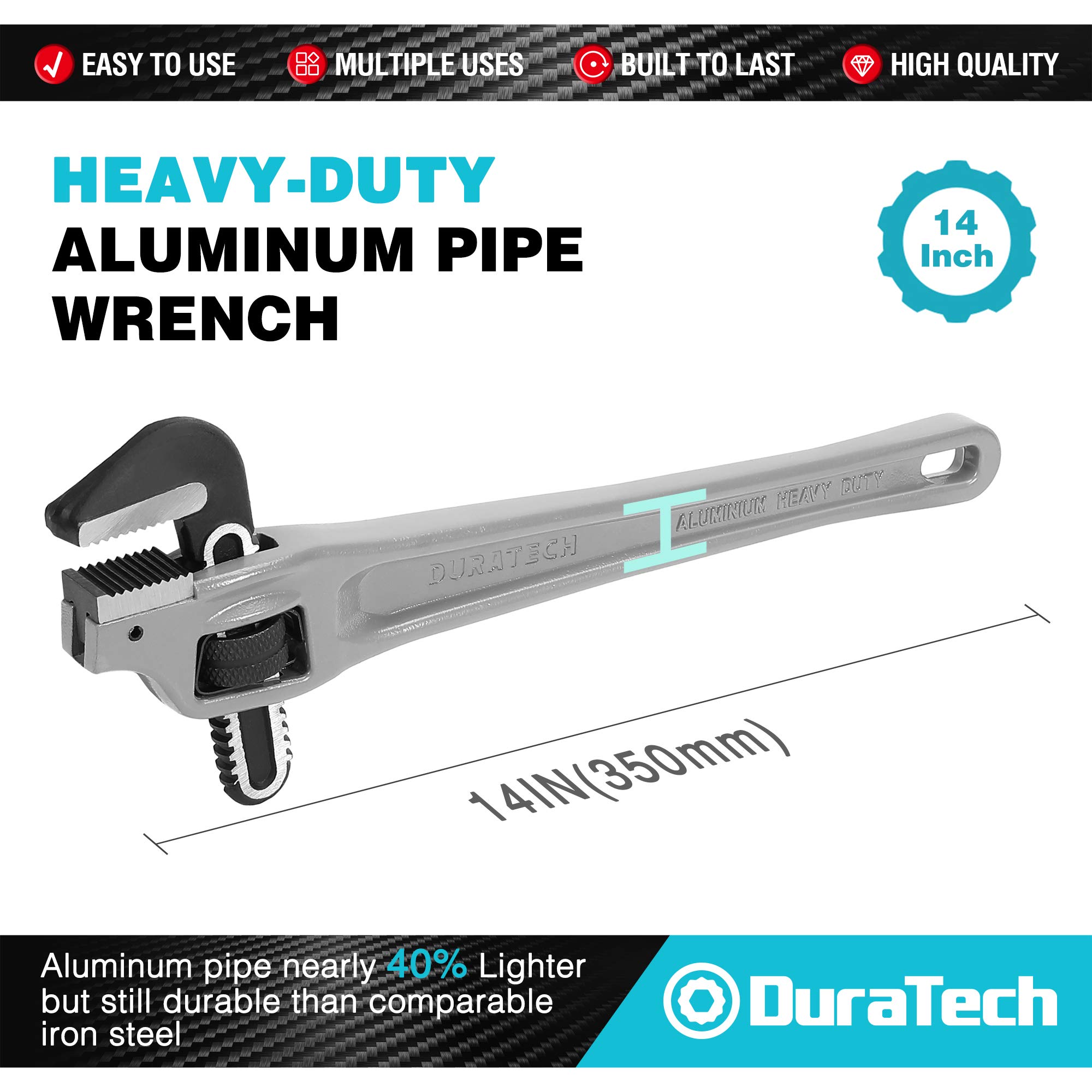 DURATECH 14-inch Heavy Duty Aluminum Offset Pipe Wrench, 2" Jaw Capacity, Adjustable Plumbing Wrench, Drop Forged, Exceed GGG standard