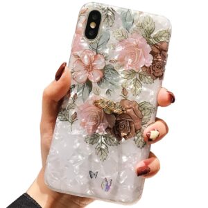 qokey compatible with iphone xs case,iphone x case floral cute clear for men women girls with 360 degree rotating ring kickstand soft tpu shockproof cover designed for iphone x/xs 5.8" brown flower