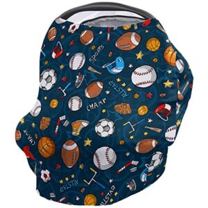 car seat canopy nursy cover sport, multi use breastfeeding scarf for infant carseat canopy stroller shopping cart highchair many basketball baseball and football icons champ gloves dark backdrop