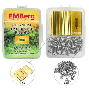 emberg endurance blades (18 pack) for husqvarna automower gardena mcculloch robotic lawnmower mowing lawn mower robo robot accessories replacement blade for 315 430 435 450 others. (titanium coated)