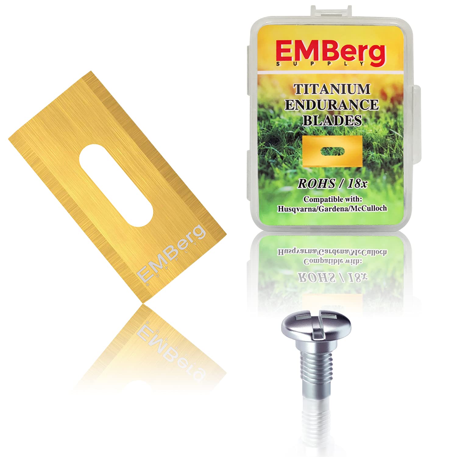 EMBerg Endurance Blades (18 Pack) for Husqvarna Automower Gardena McCulloch Robotic Lawnmower Mowing Lawn Mower Robo Robot Accessories Replacement Blade for 315 430 435 450 Others. (Titanium Coated)