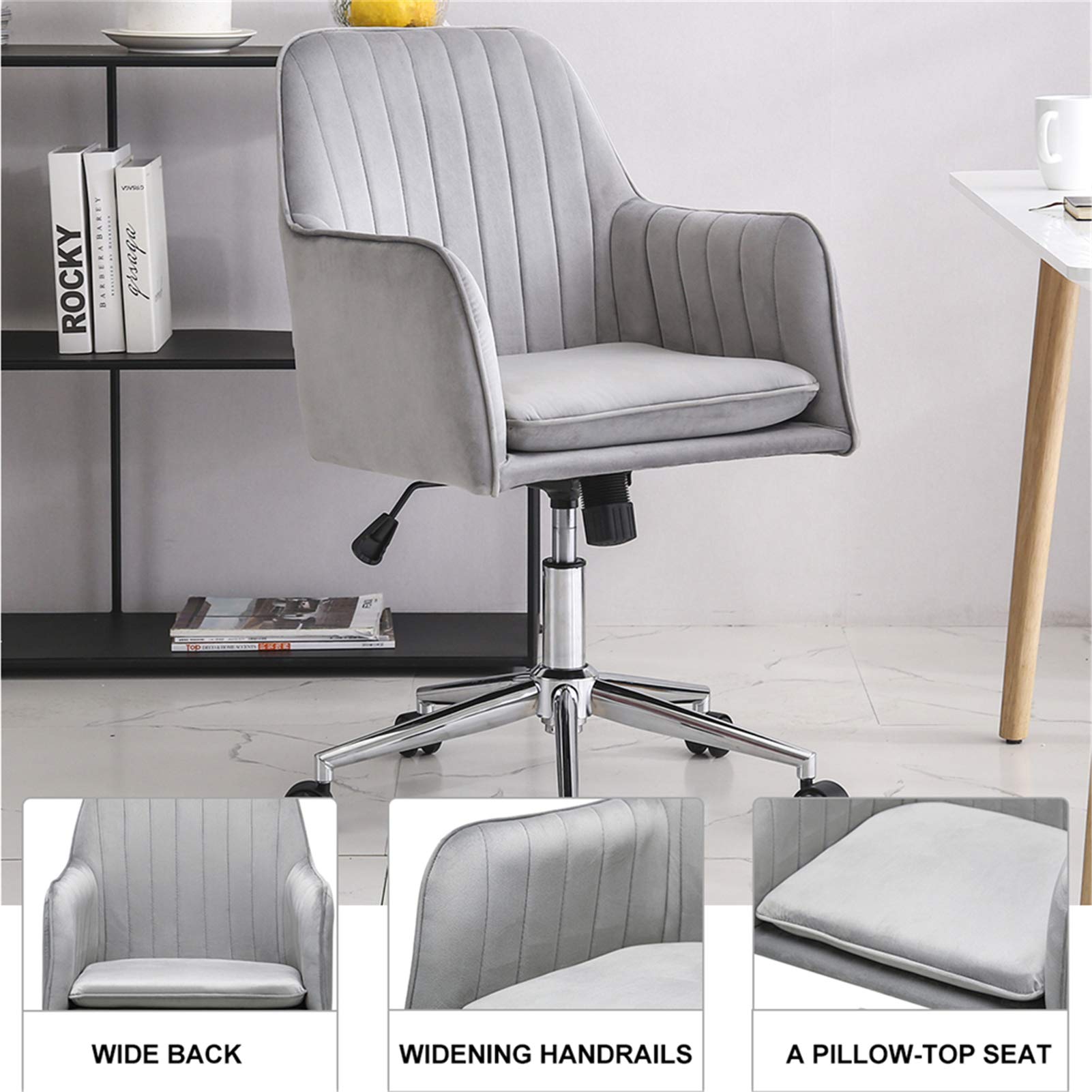 Brisk-Bun Velvet Desk Chair for Home Office Chair Metal Base mid Back Modern Adjustable Height Swivel upholstered Task Chair with arms Ergonomic Computer Chairs (Gray)