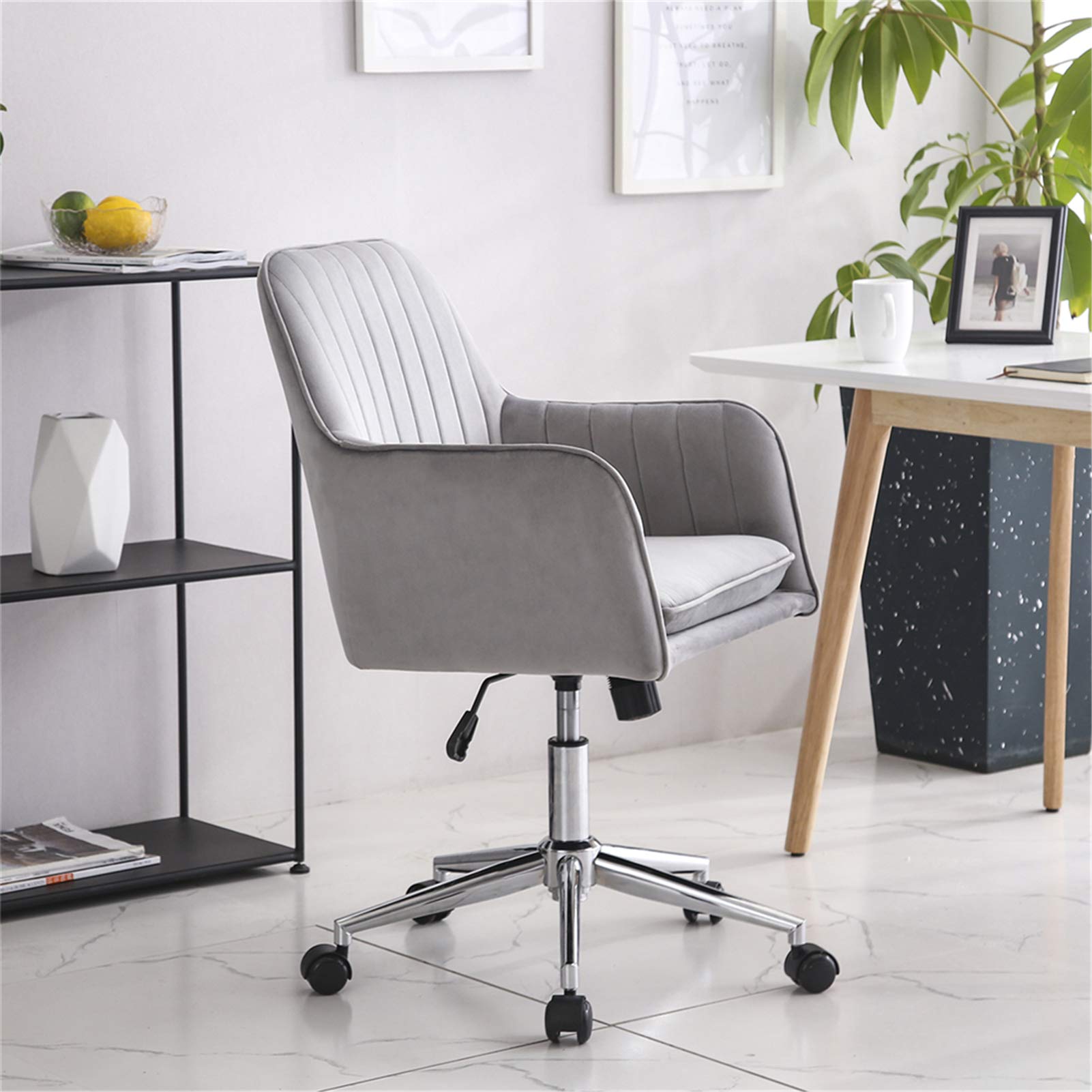 Brisk-Bun Velvet Desk Chair for Home Office Chair Metal Base mid Back Modern Adjustable Height Swivel upholstered Task Chair with arms Ergonomic Computer Chairs (Gray)