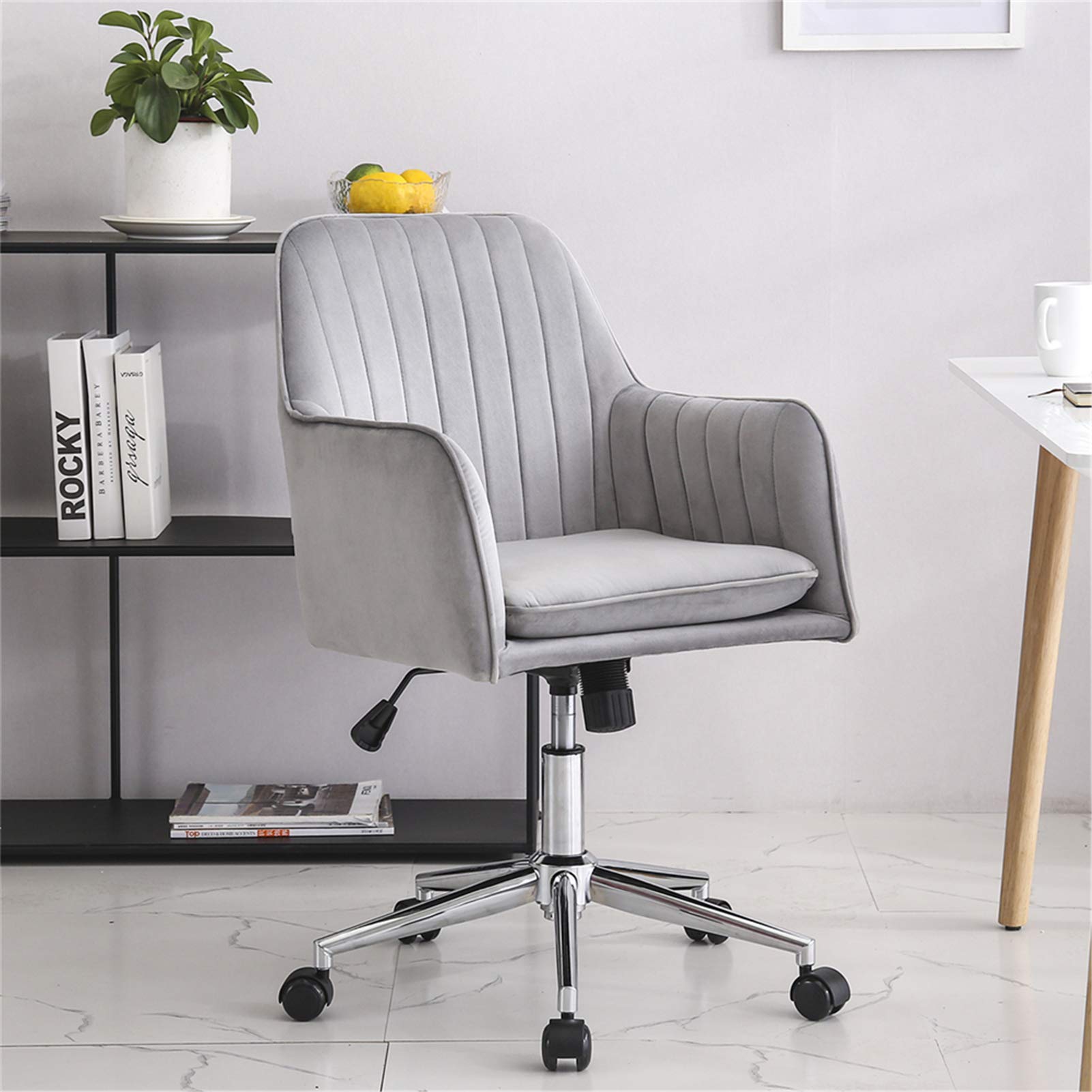 Brisk-Bun Velvet Desk Chair for Home Office Chair Metal Base mid Back Modern Adjustable Height Swivel upholstered Task Chair with arms Ergonomic Computer Chairs (Gray)