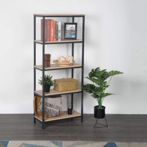 Cloud Mountain Finefind 4 Shelf Wood and Metal Industrial Open Bookcase Tall Modern for Home Office Storage, Charter Oak Finish