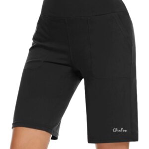 ChinFun Women's 10" High Waist Yoga Shorts Bermuda Shorts Athletic RunningWorkout Lounge Shorts with Deep Pockets Black XL