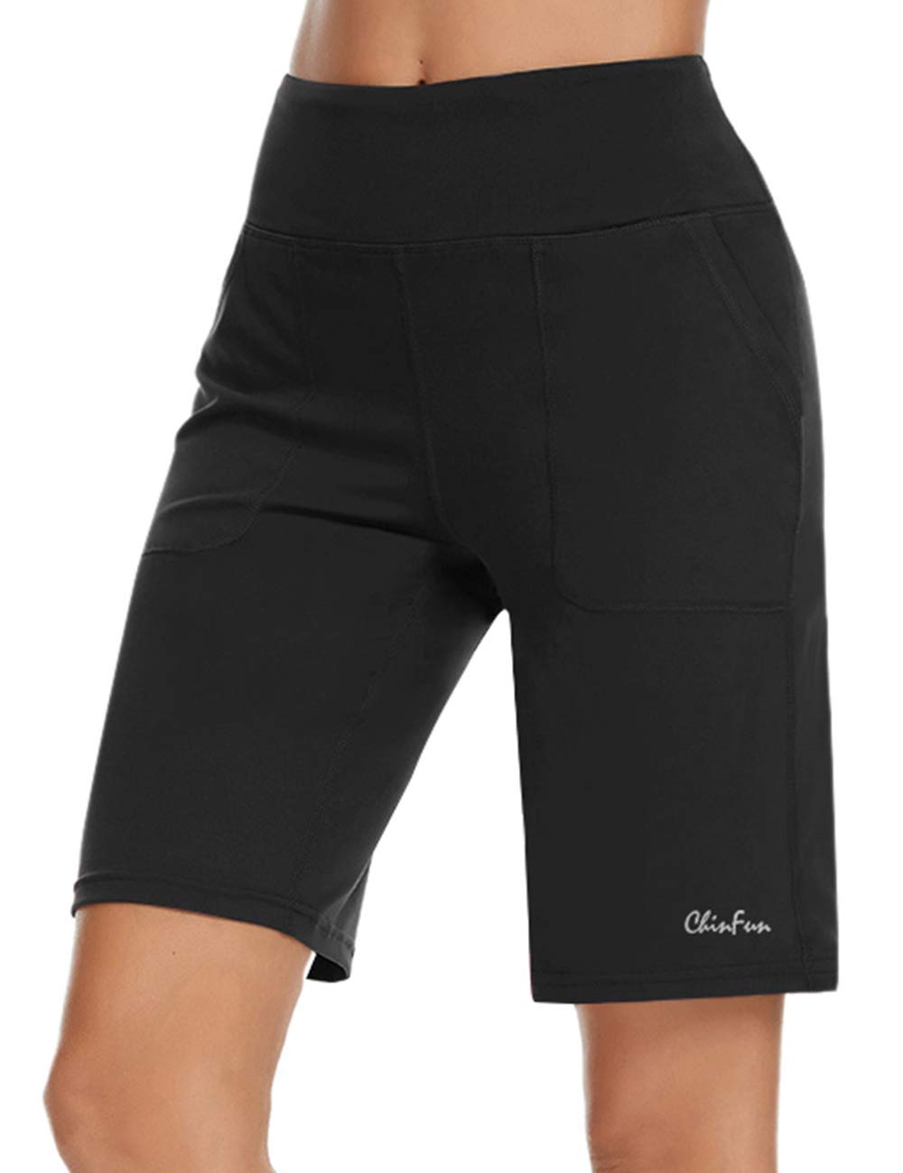 ChinFun Women's 10" High Waist Yoga Shorts Bermuda Shorts Athletic RunningWorkout Lounge Shorts with Deep Pockets Black XL