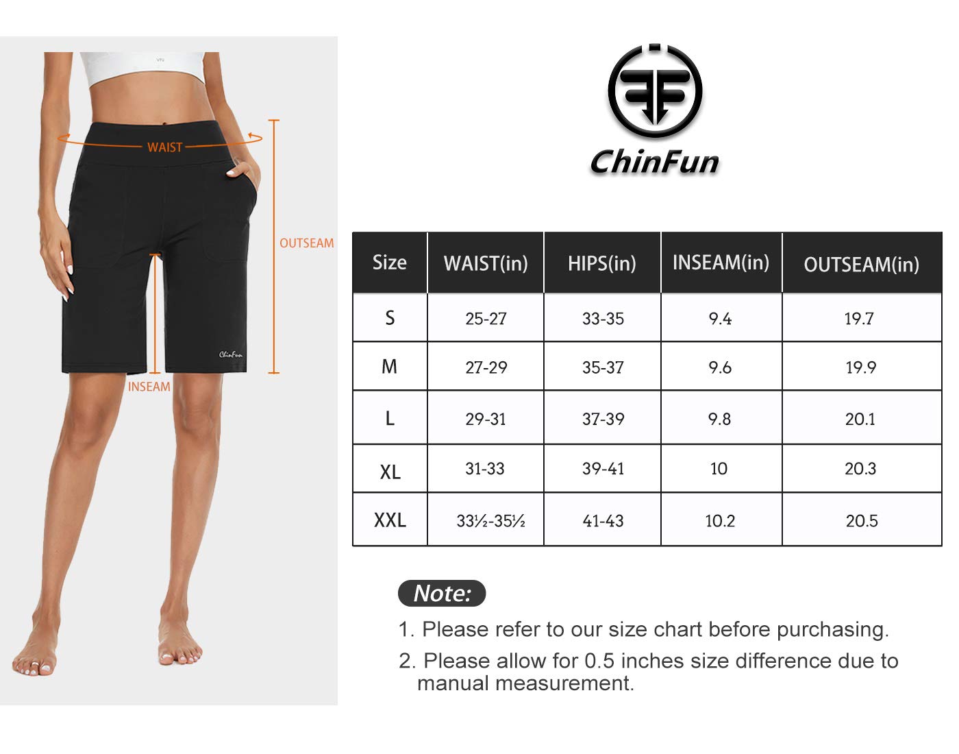 ChinFun Women's 10" High Waist Yoga Shorts Bermuda Shorts Athletic RunningWorkout Lounge Shorts with Deep Pockets Black XL