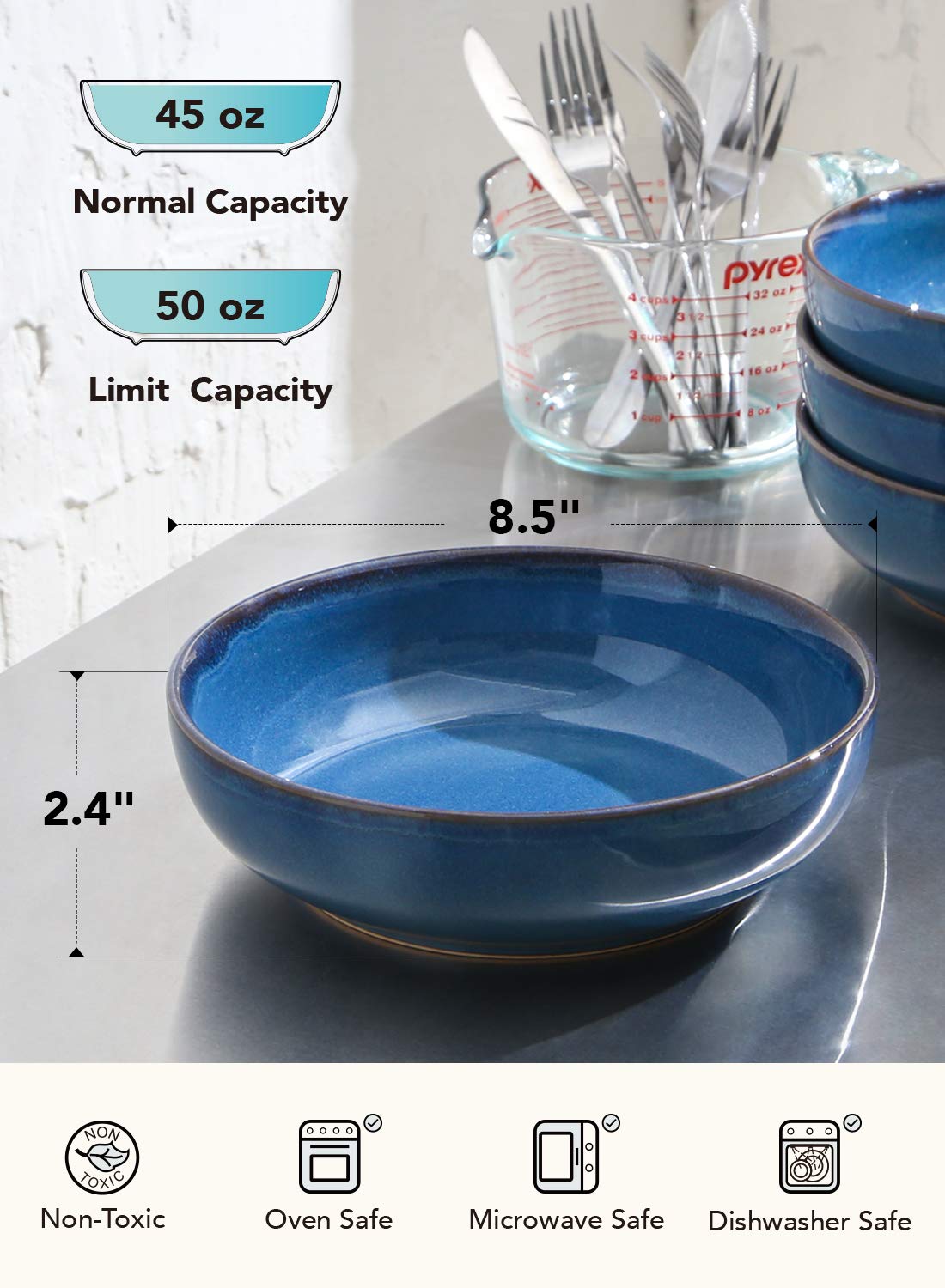 LE TAUCI Pasta Bowls 45 Ounce, Ceramic Salad Bowl, Large Serving Bowl Set - Set of 4, Ceylon Blue