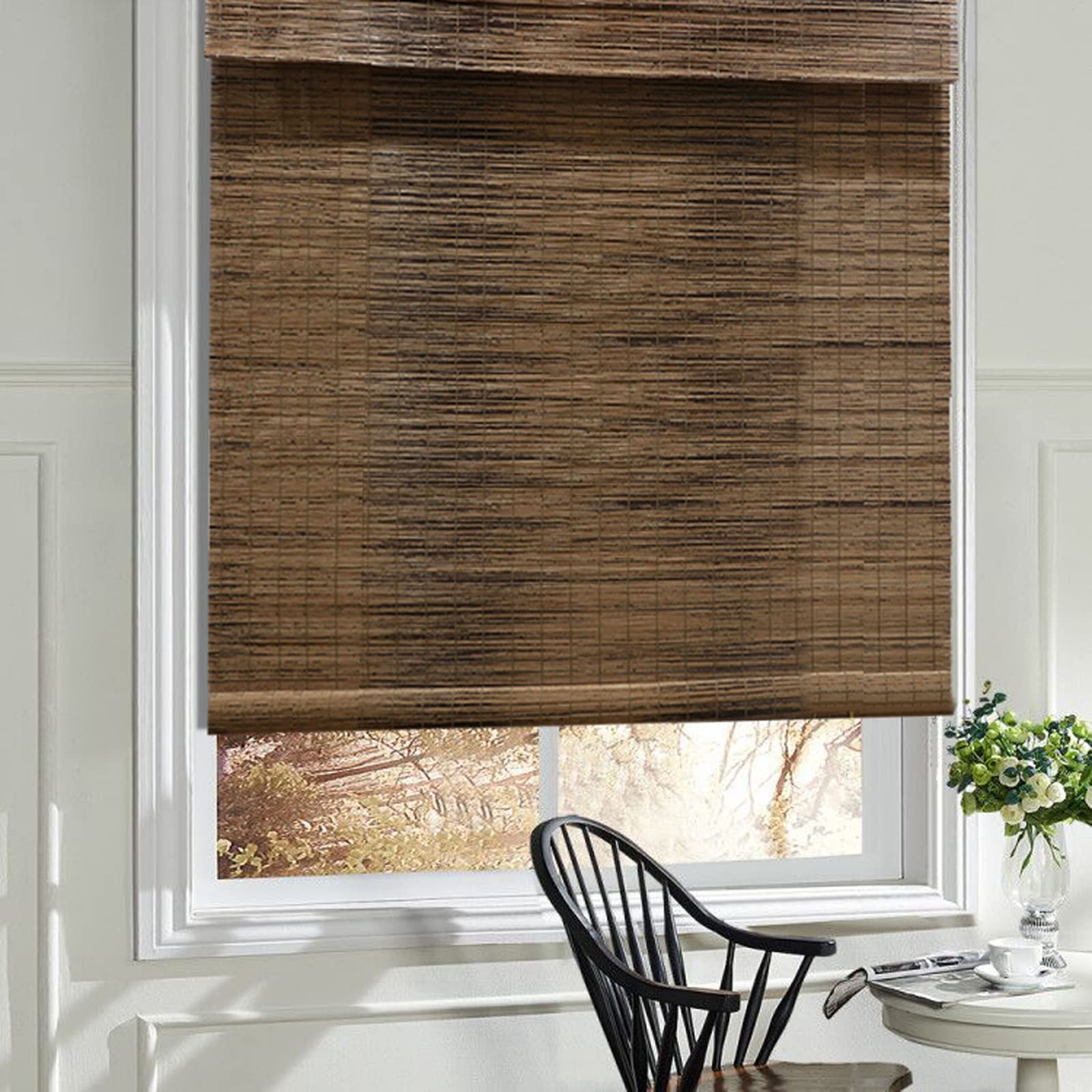 LANTIME Wood Window Shades Blinds, Lined Blackout Bamboo Roller Shades, Easy Installation for Home and Garden, Pattern 9