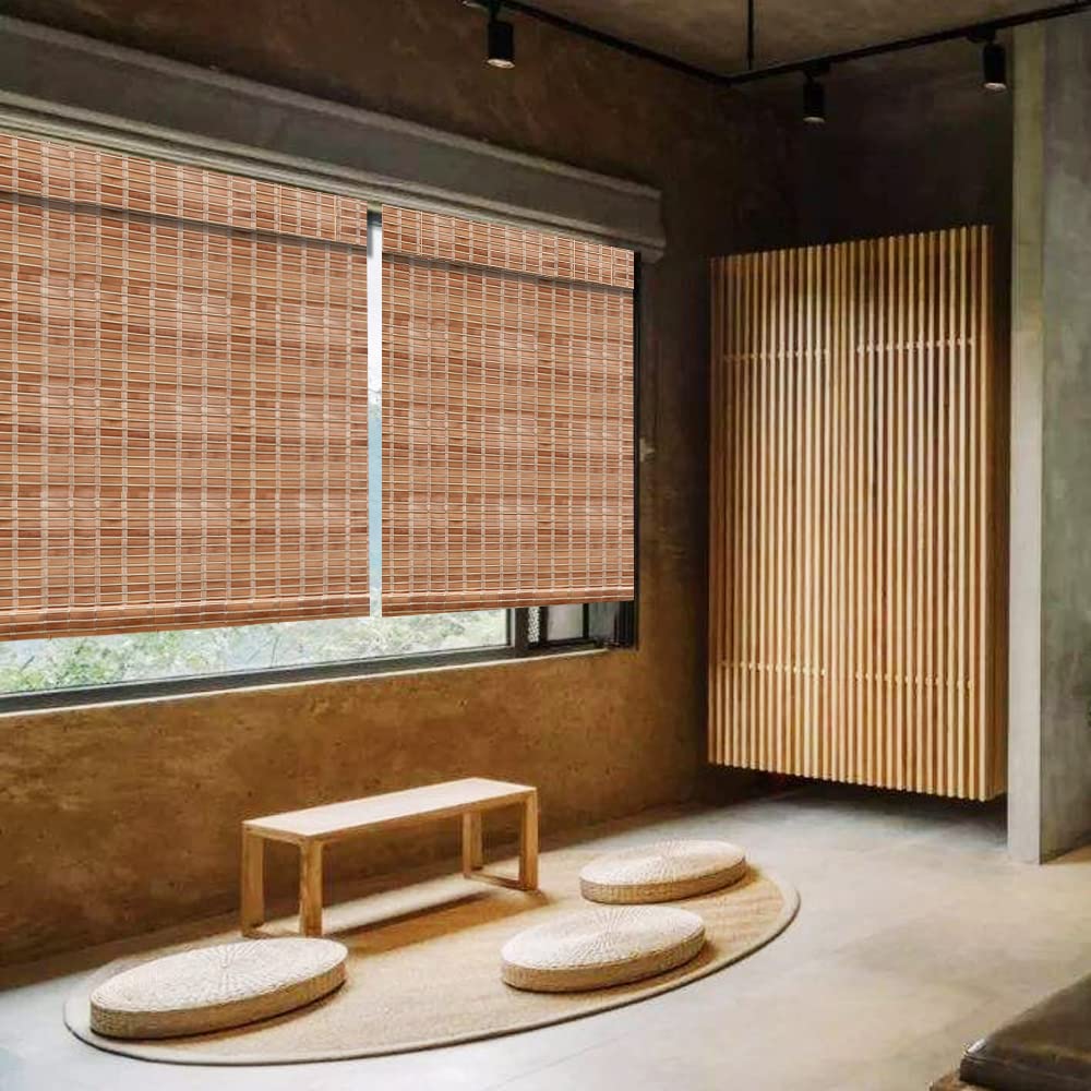 LANTIME Wood Window Blinds Shades, Lined Blackout Bamboo Roller Shades, Easy Installation for Home and Garden, Pattern 8