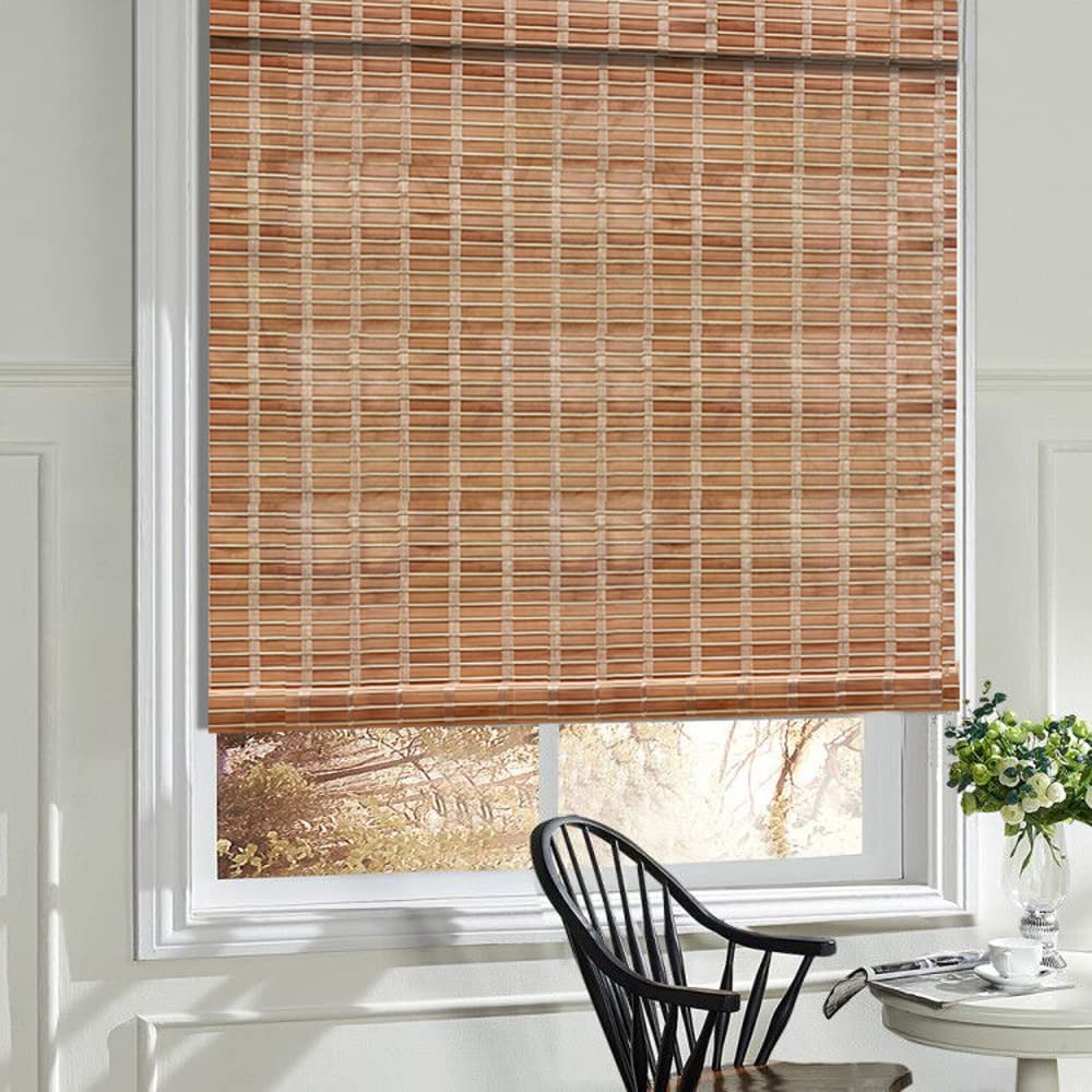 LANTIME Wood Window Blinds Shades, Lined Blackout Bamboo Roller Shades, Easy Installation for Home and Garden, Pattern 8