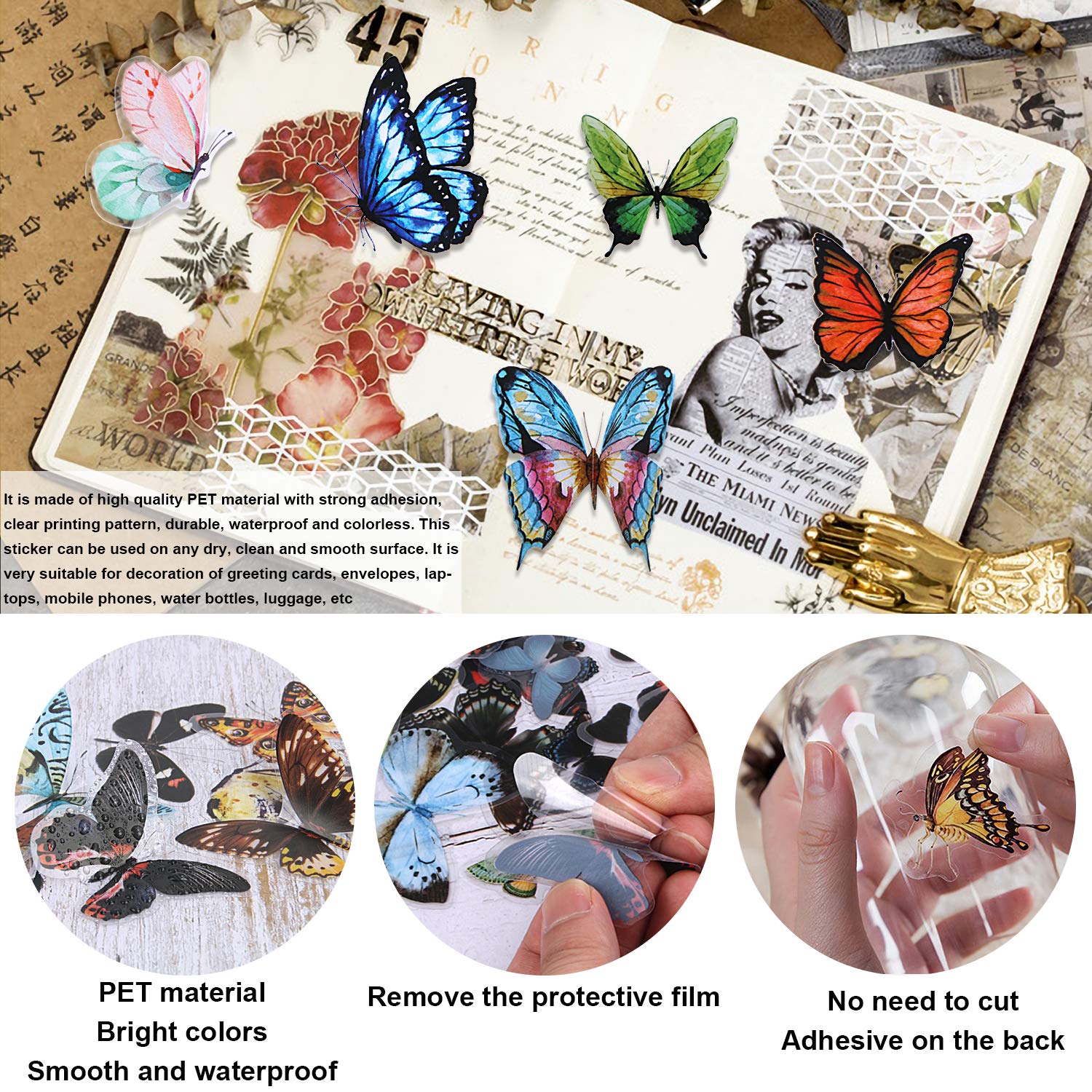 JULMELON 240 PCS Vintage Butterfly PET Transparent Stickers Set Butterflies Resin Stickers Decals for Scrapbook Silicone Resin Molds DIY Crafts Laptops