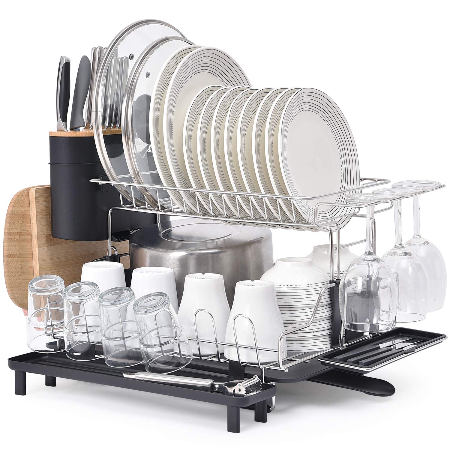 KINGRACK 2 Tier Dish Rack, 304 Stainless Steel Dish Drainer, Large Capacity Dish Drying Rack with Drip Tray, Removable Cutlery Cutting Board Wine Glasses Cups Holder & Plate Rack for Kitchen