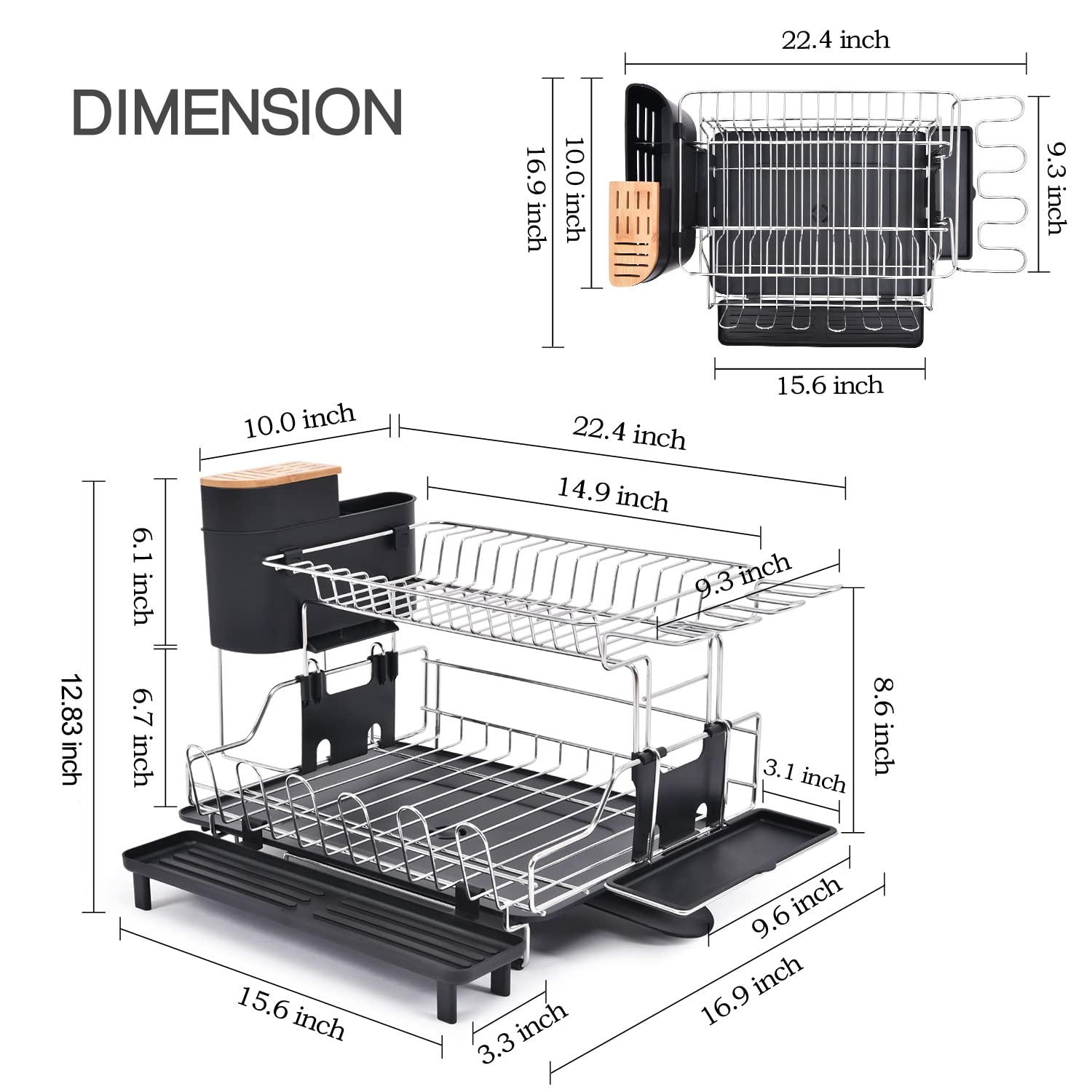 KINGRACK 2 Tier Dish Rack, 304 Stainless Steel Dish Drainer, Large Capacity Dish Drying Rack with Drip Tray, Removable Cutlery Cutting Board Wine Glasses Cups Holder & Plate Rack for Kitchen