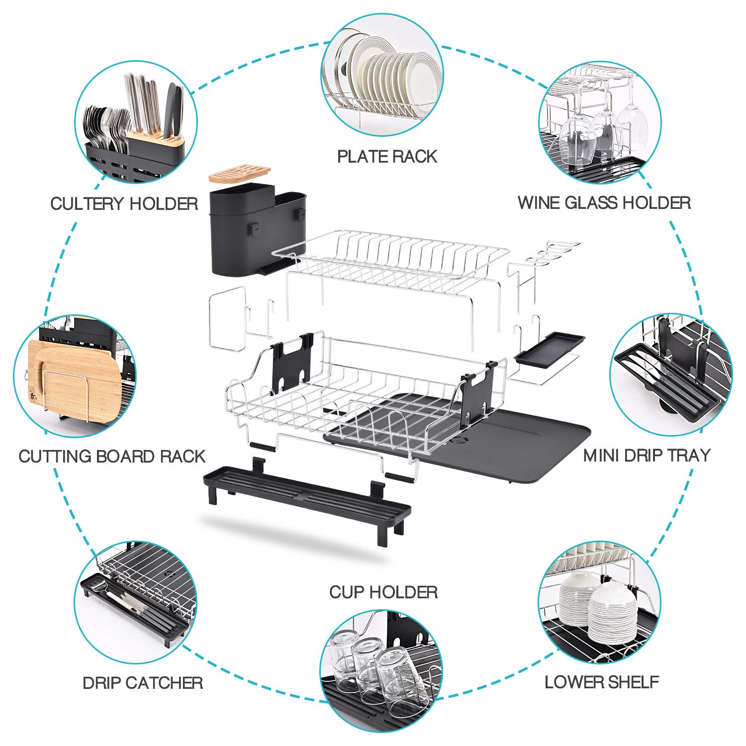 KINGRACK 2 Tier Dish Rack, 304 Stainless Steel Dish Drainer, Large Capacity Dish Drying Rack with Drip Tray, Removable Cutlery Cutting Board Wine Glasses Cups Holder & Plate Rack for Kitchen