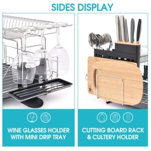 KINGRACK 2 Tier Dish Rack, 304 Stainless Steel Dish Drainer, Large Capacity Dish Drying Rack with Drip Tray, Removable Cutlery Cutting Board Wine Glasses Cups Holder & Plate Rack for Kitchen