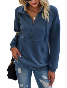 prettygarden women’s casual long sleeve lapel zipper sweatshirt drawstring loose pullover tops dark blue