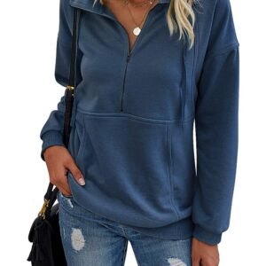 PRETTYGARDEN Women’s Casual Long Sleeve Lapel Zipper Sweatshirt Drawstring Loose Pullover Tops Dark Blue