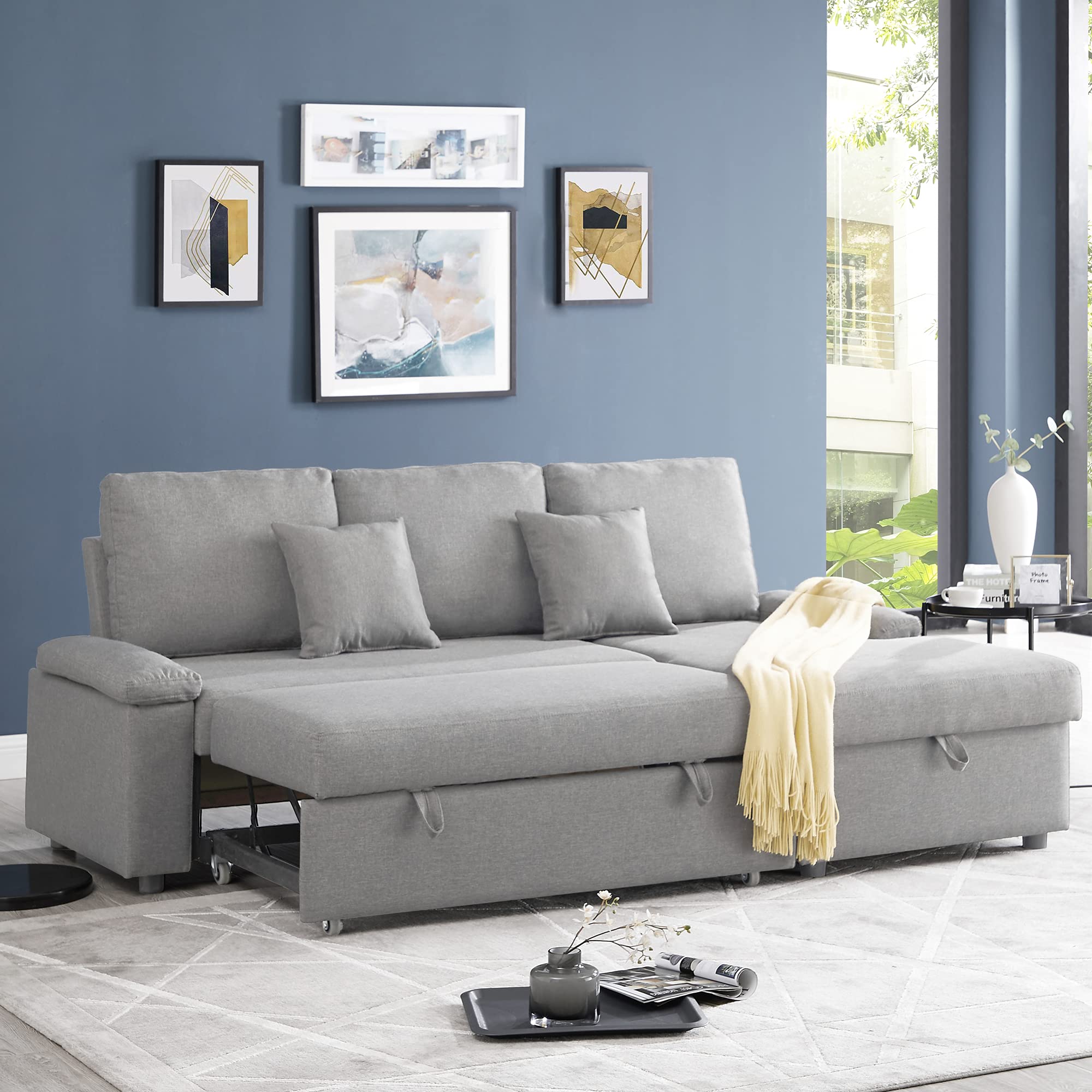 GOOD & GRACIOUS Sectional Sleeper Sofa Couch with Pull Out Bed, L Shaped Modern Sectional Sofa Bed with Chaise Lounge and Storage Function for Living Room, 34.65" x 32.68" x 86.61", Light Gray